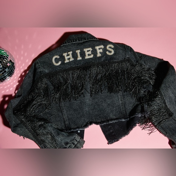 rowdy goods | Jackets & Coats | Kansas City Chiefs Custom Denim Fringe Jacket In Black | Poshmark
